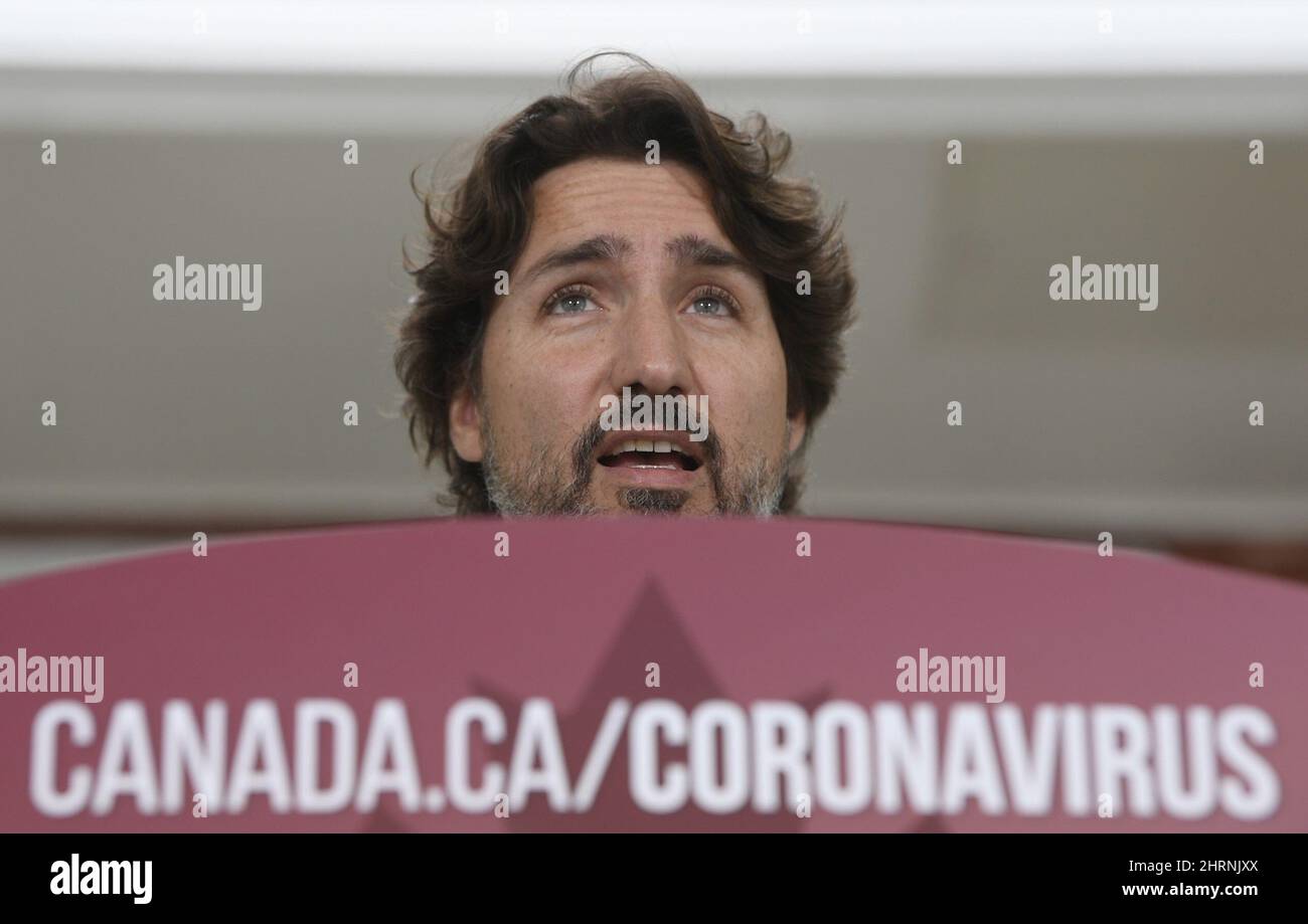 Prime Minister Justin Trudeau speaks during a news conference outside ...