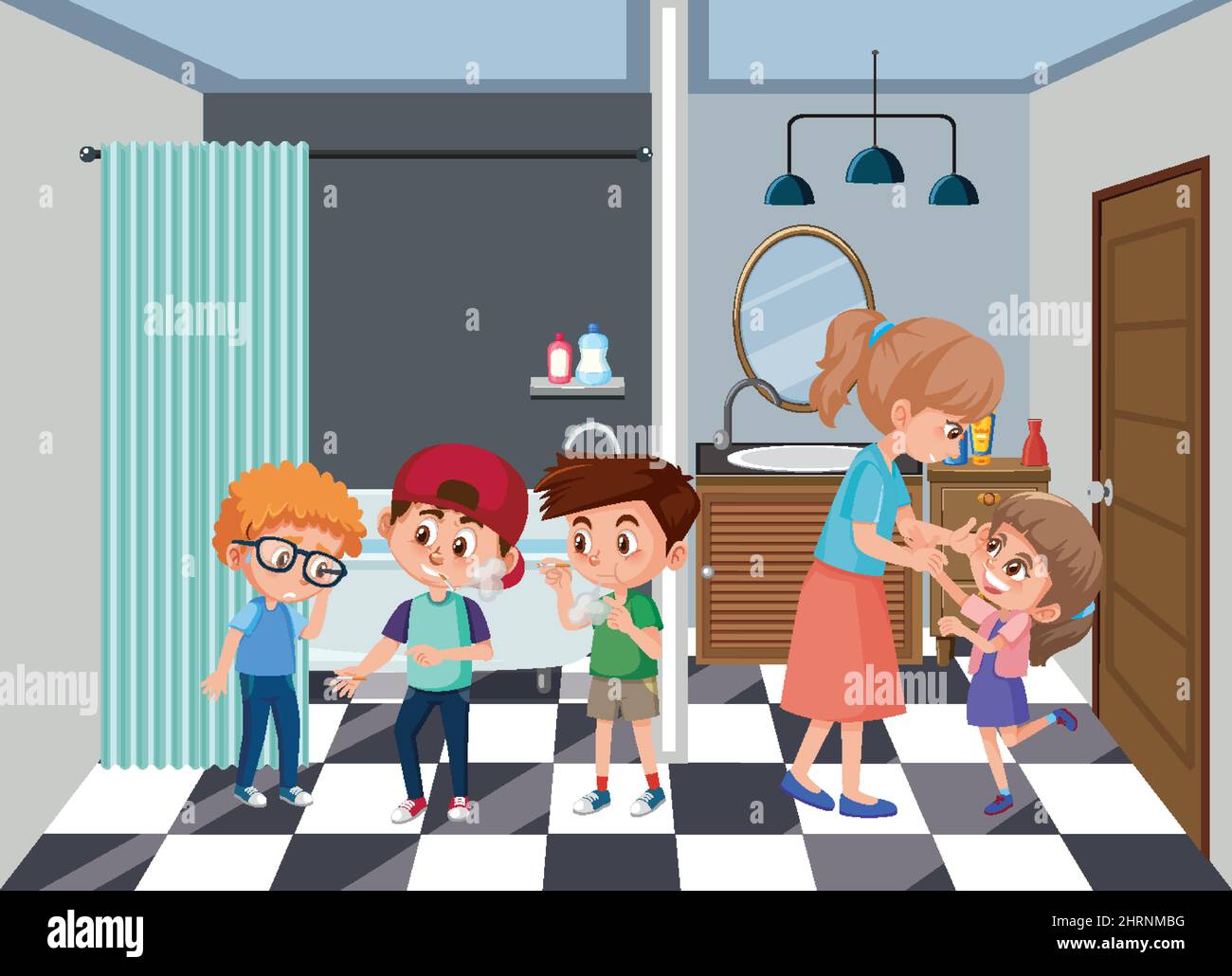 Bathroom scene with family members cartoon character illustration Stock ...