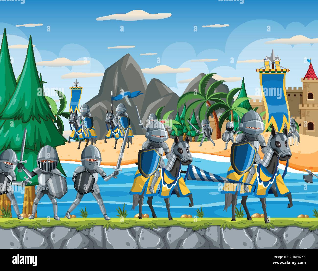Scene with medieval knights with horses marching illustration Stock ...