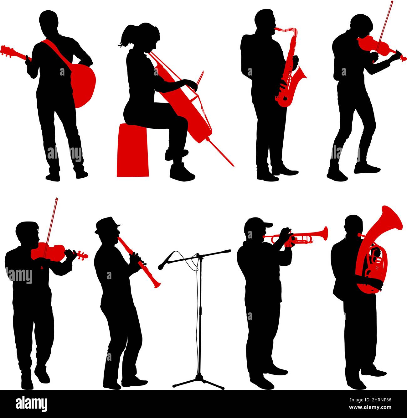 Silhouettes street musicians playing instruments on a white background ...