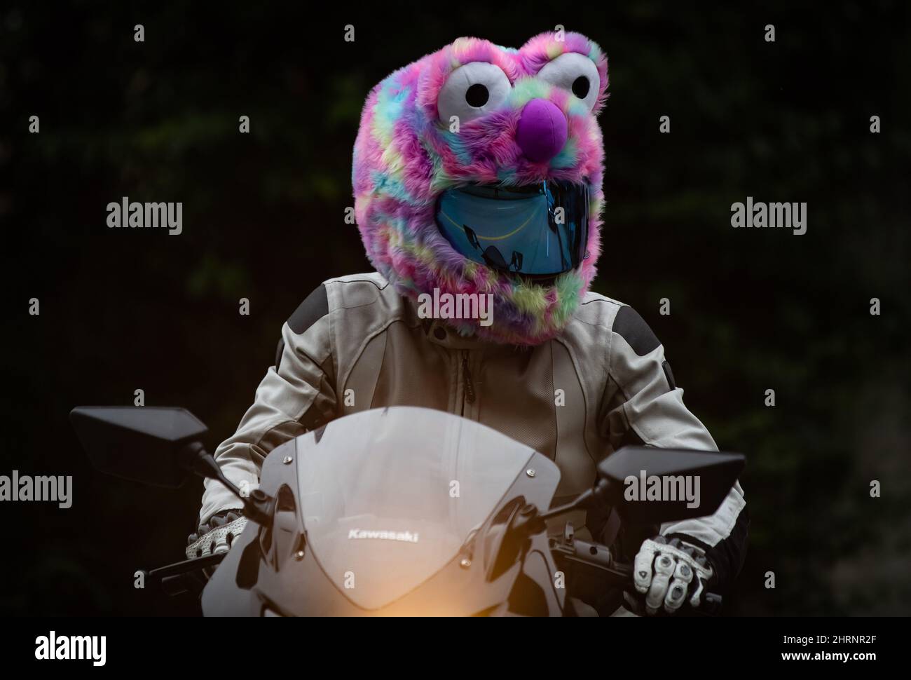 A person wearing a furry character helmet cover rides a motorcycle in ...