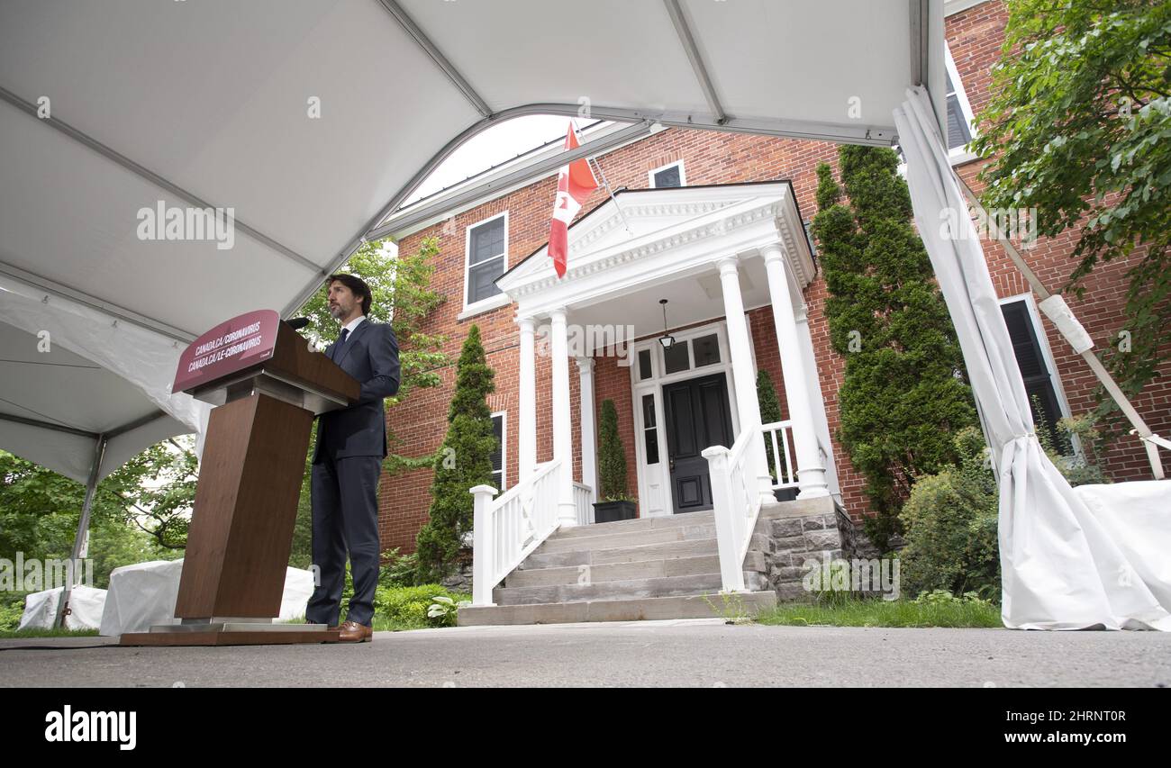 Prime Minister Justin Trudeau is seen at the podium during a news ...