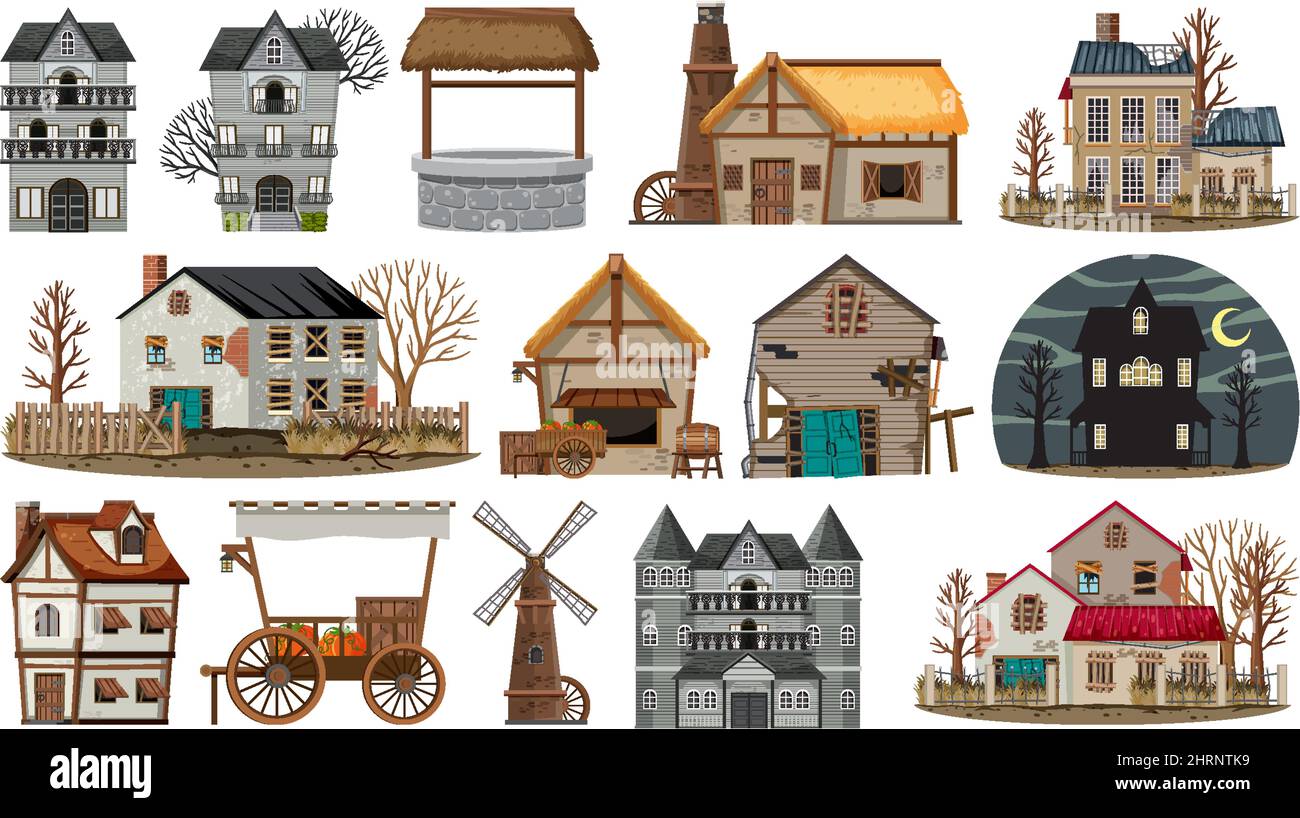 Set of abandoned houses and buildings illustration Stock Vector Image ...