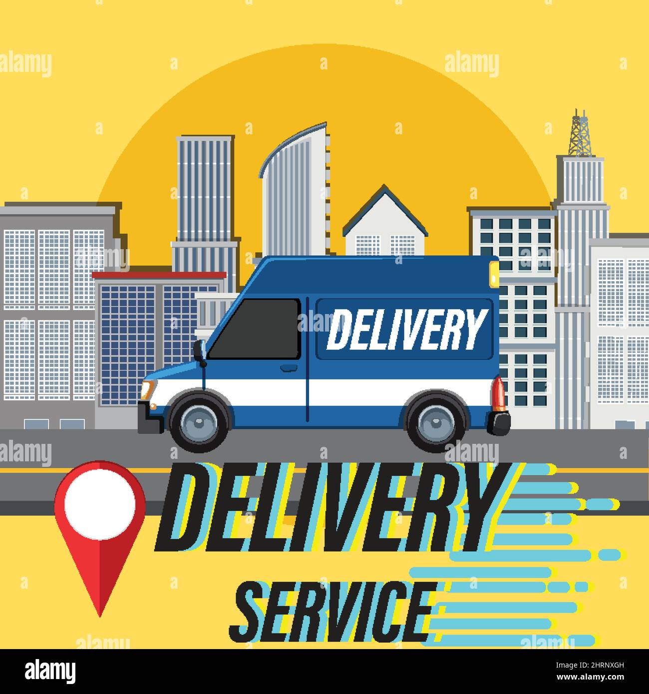 Delivery Service banner with panel van in the city illustration Stock ...