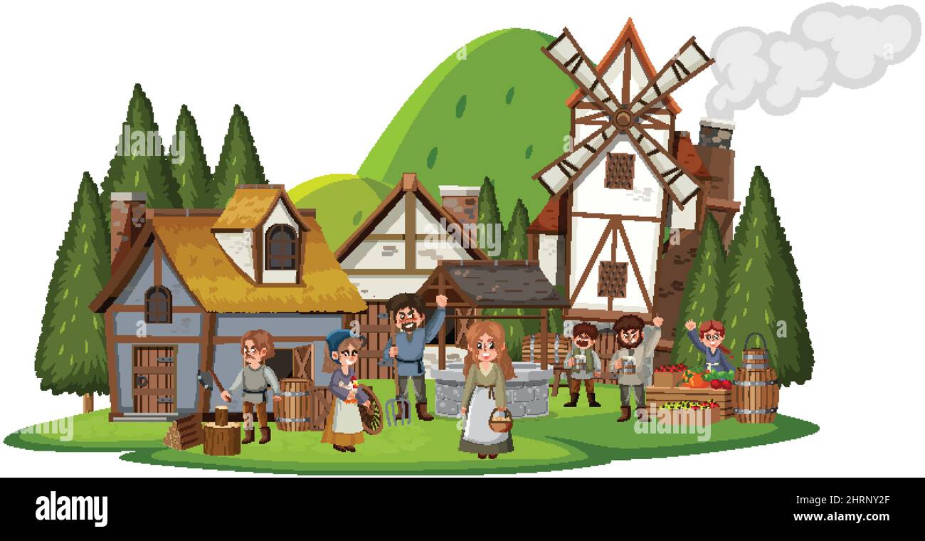 Isolated ancient medieval village and villagers illustration Stock ...