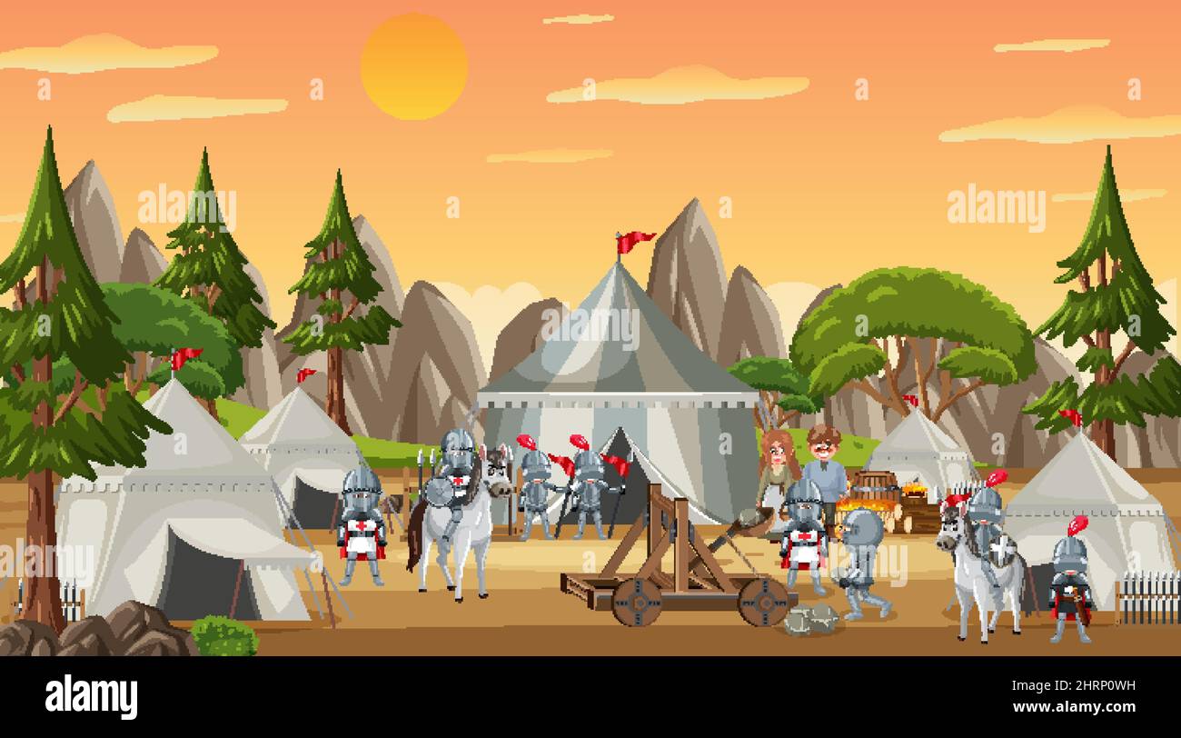 Medieval town scene camp with tents illustration Stock Vector Image ...