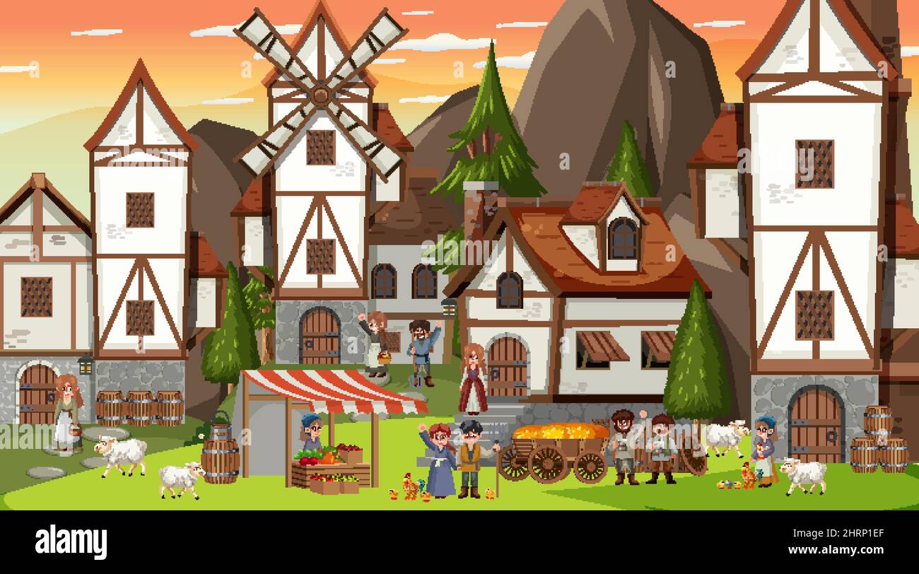 Medieval town scene with villagers illustration Stock Vector Image ...