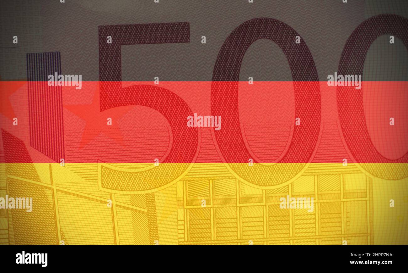 Close up of a 500 euros banknote with a German flag as background Stock ...