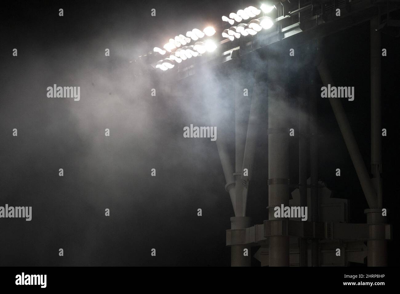 Mist rises amid the floodlights at BMO field during MLS soccer action ...