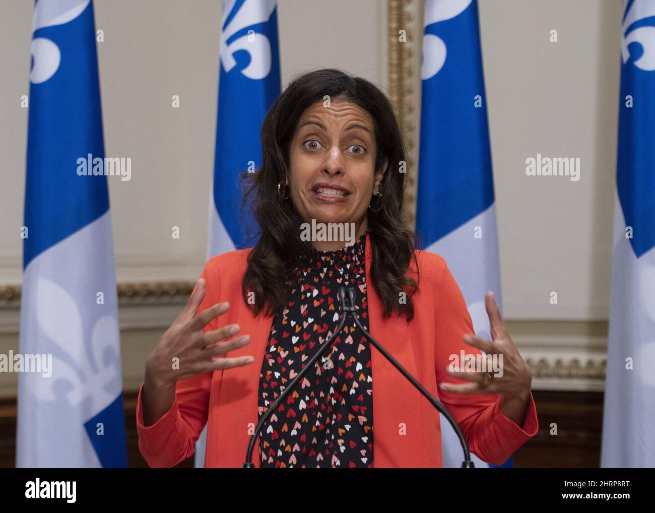 Quebec Liberal Leader Dominique Anglade speaks at a press conference ...