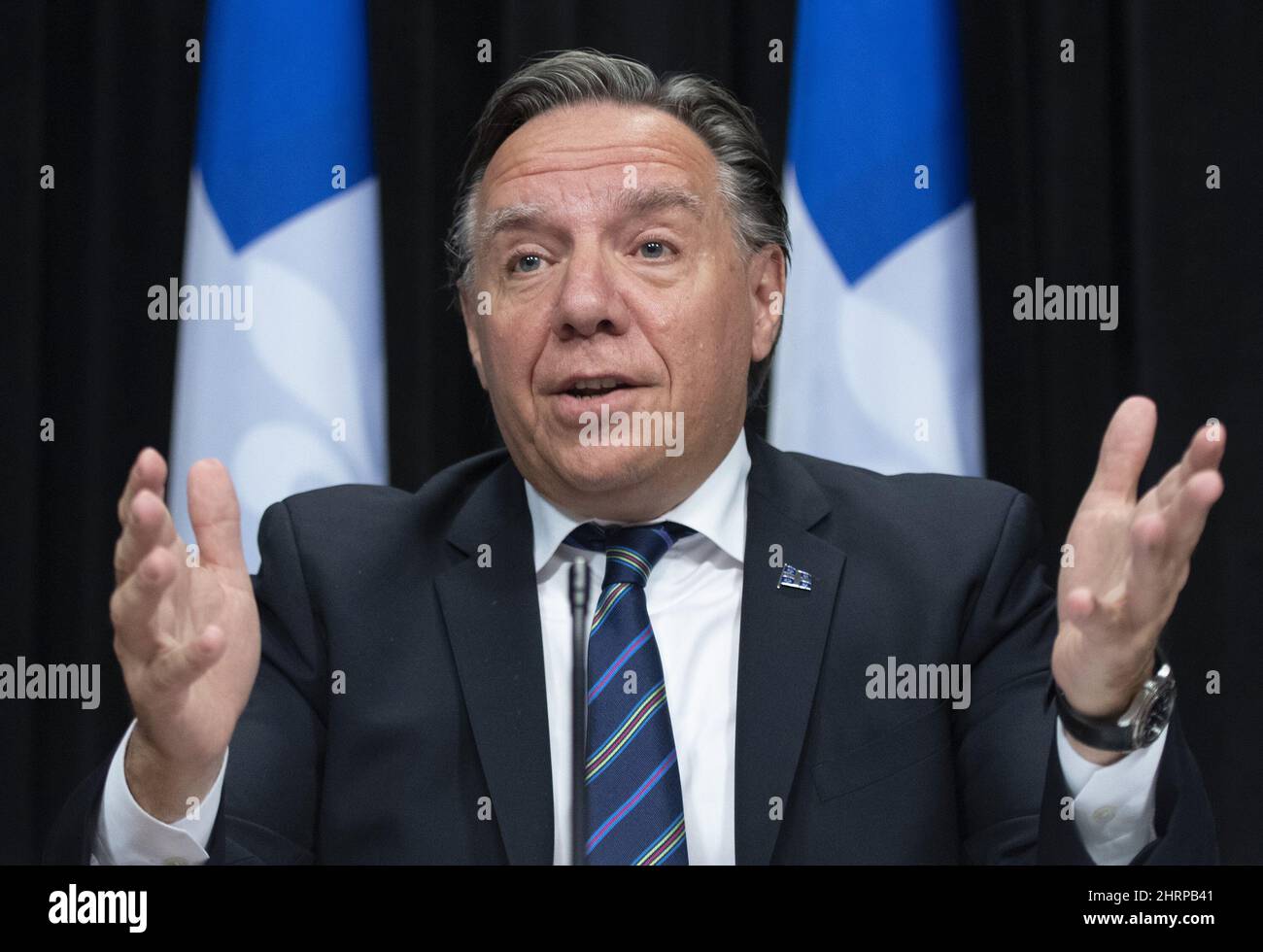 Quebec Premier Francois Legault responds to reporters questions during ...