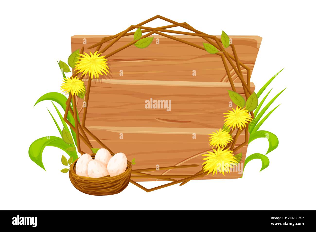 Frame from wood branch with leaves, spring garland from sticks, cute ...