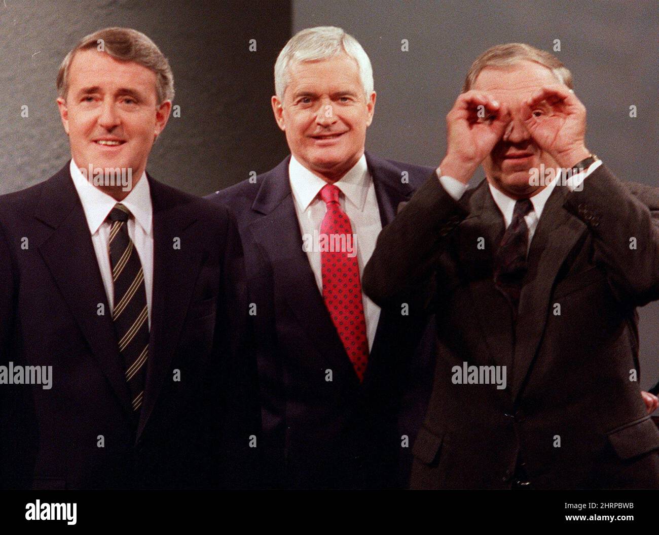 NDP Leader Ed Broadbent mugs for the cameras while Prime Minister Brian ...