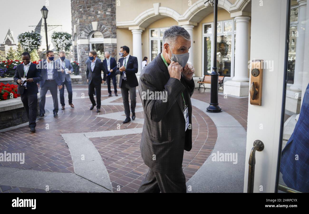 Attendees mask up before entering the Global Business Forum in Banff ...