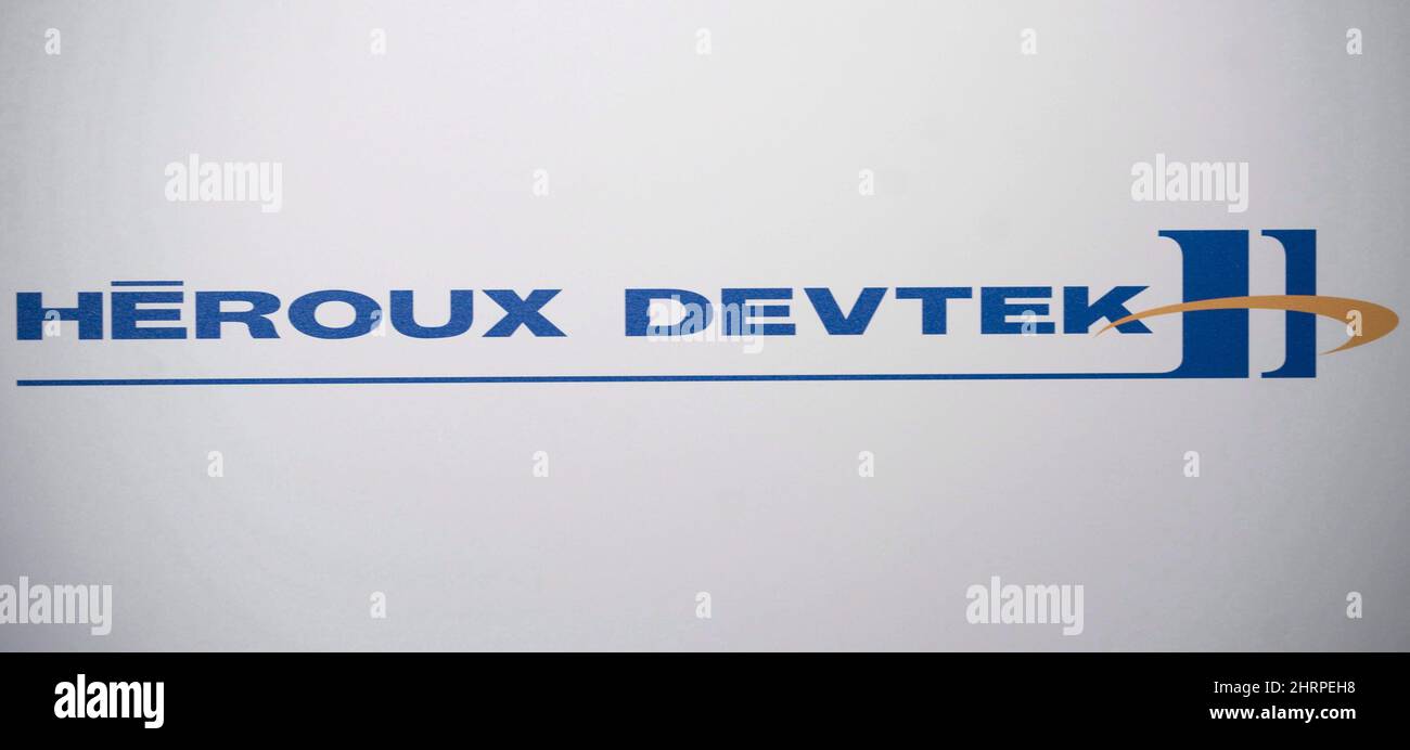 A HÃ©roux Devtek logo is shown at the company's annual general meeting in Montreal, Thursday ...