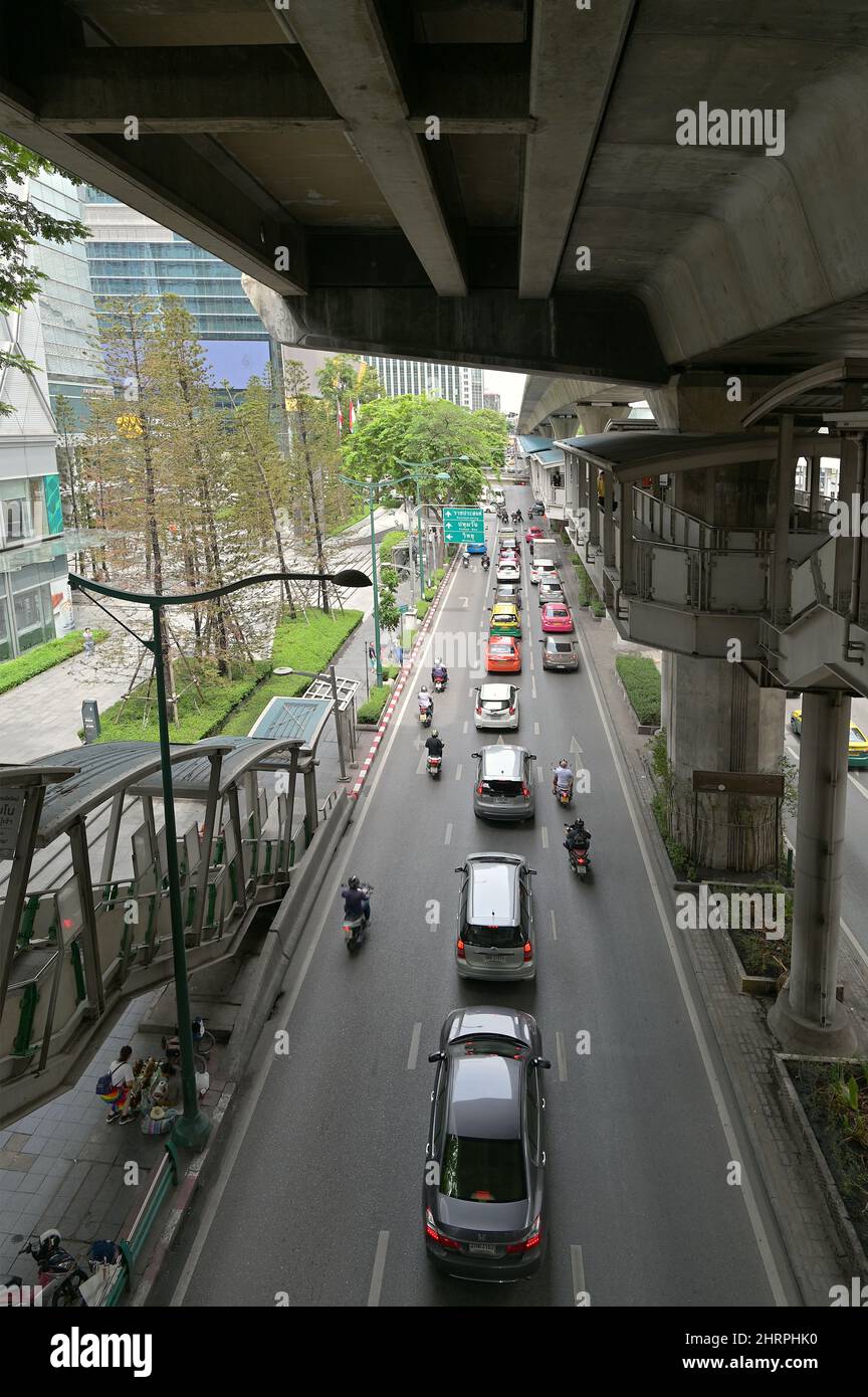 View of northwest-bound morning traffic along Sukhumvit Road with ...