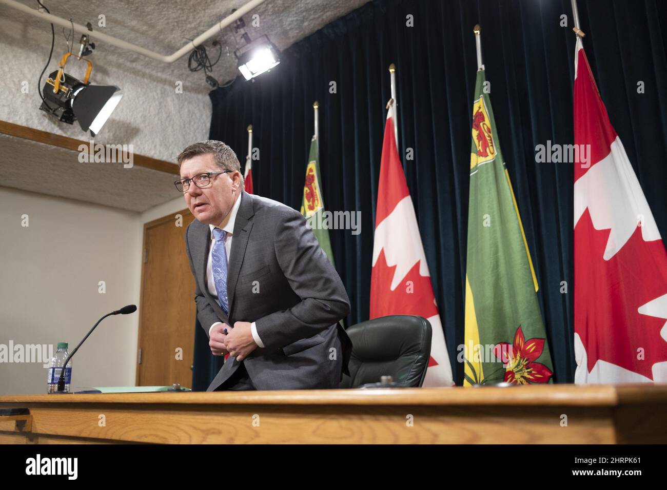 Saskatchewan Premier Scott Moe arrives at a press conference at the ...