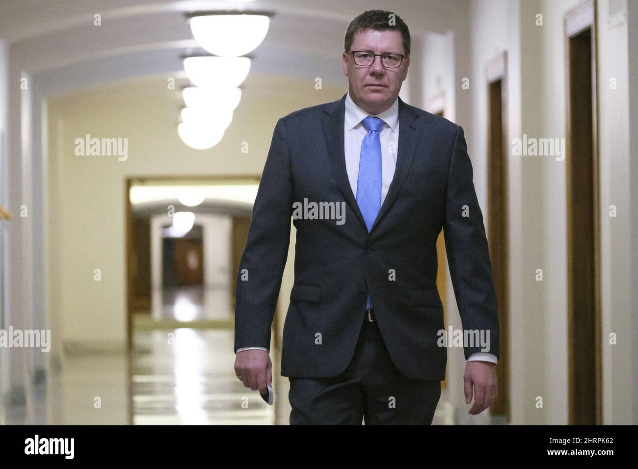 Saskatchewan Premier Scott Moe arrives at a press conference at the ...