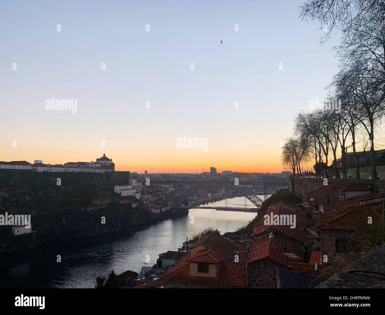 Aerial view of Porto near the river Douro, famous bridges and yellow ...