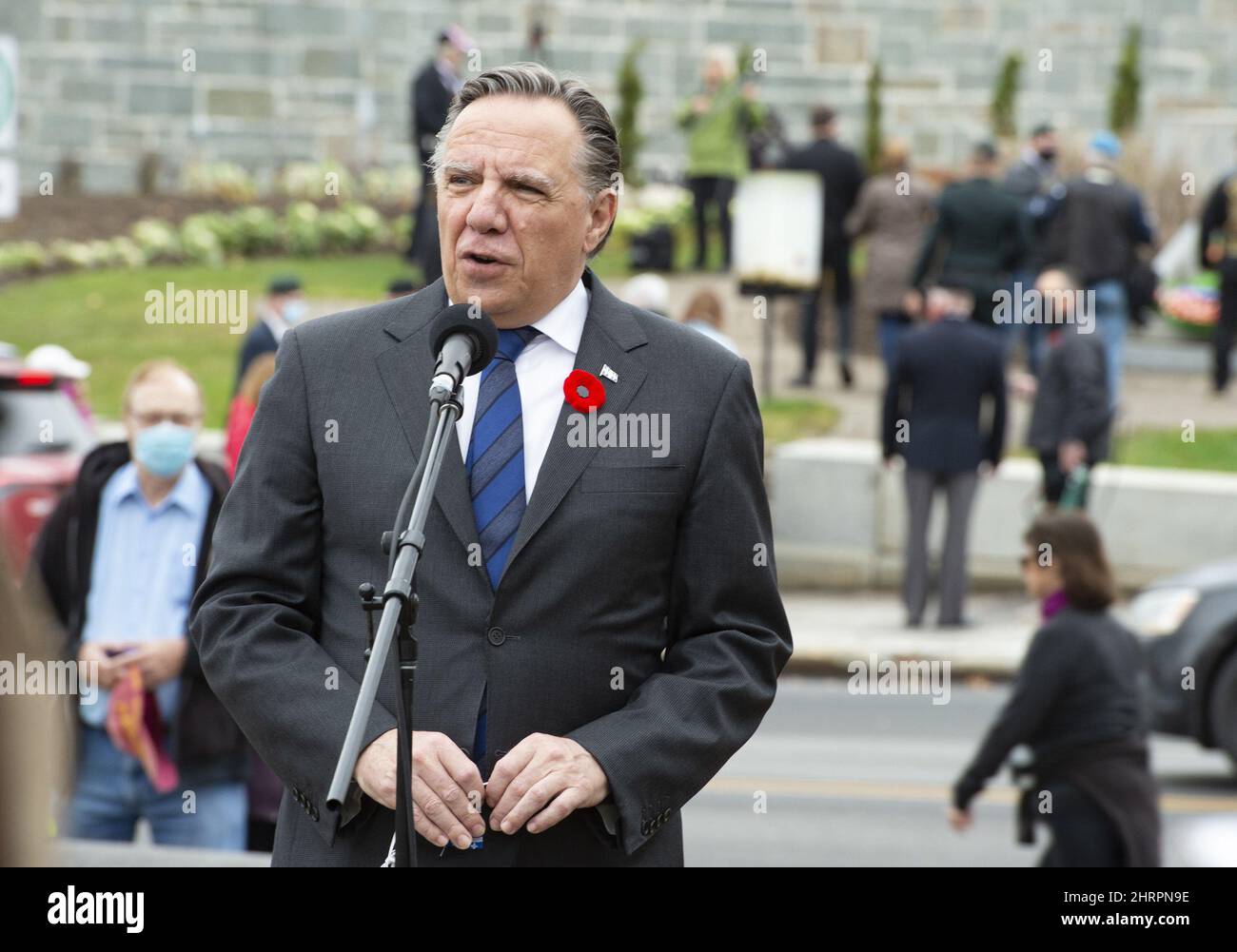 Quebec Premier Francois Legault speaks to reporters following ...