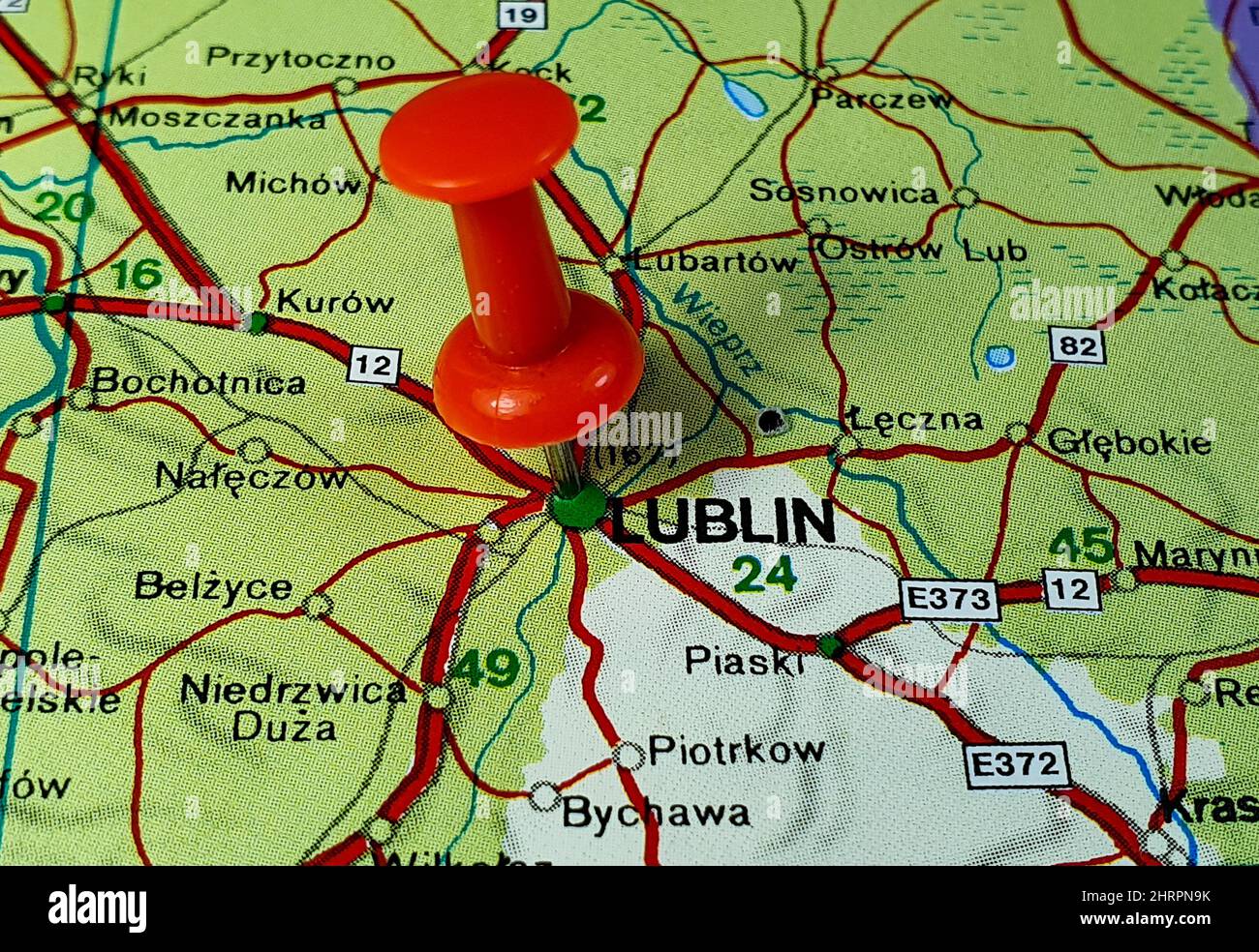Closeup of the location on the map of the Lublin city in Poland Stock ...