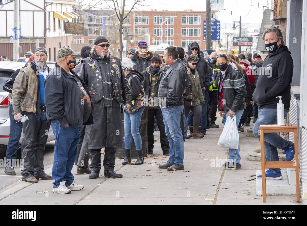 Bikers assemble at Destination 13 in Port Dover, Ont., Friday, Nov. 13 ...