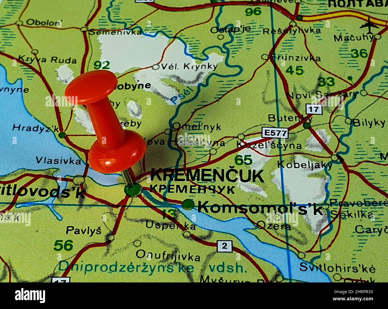Closeup of the location on the map of the Kremenciuk city in Ukraine ...