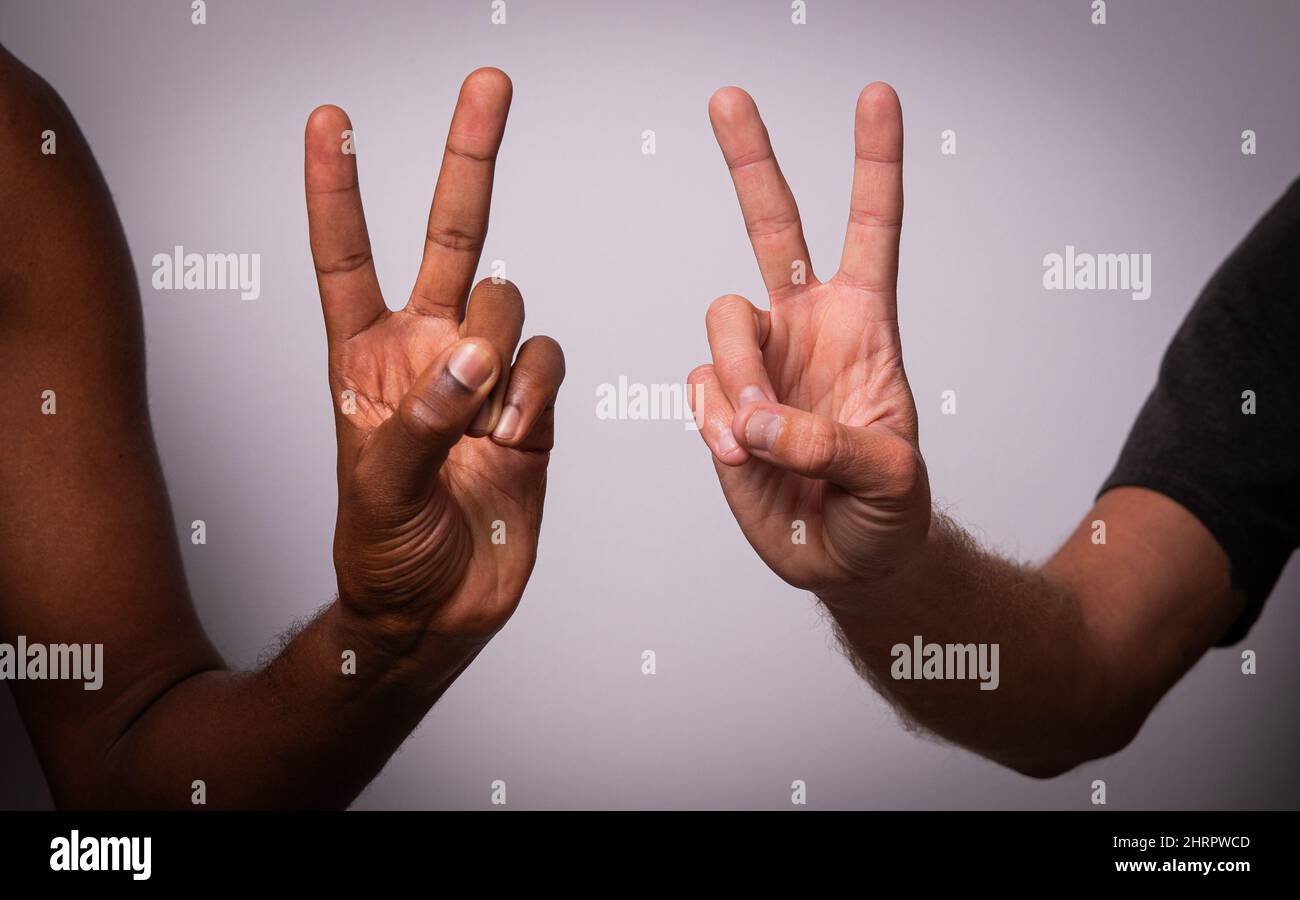 Close up of two hands, african and caucasian, making the Victory sign ...