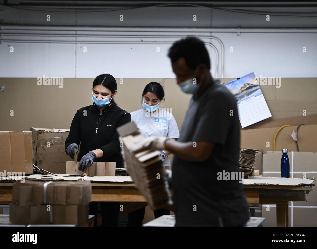 Workers manufacture partitions made from cardboard and chipboard material at TEC Business ...