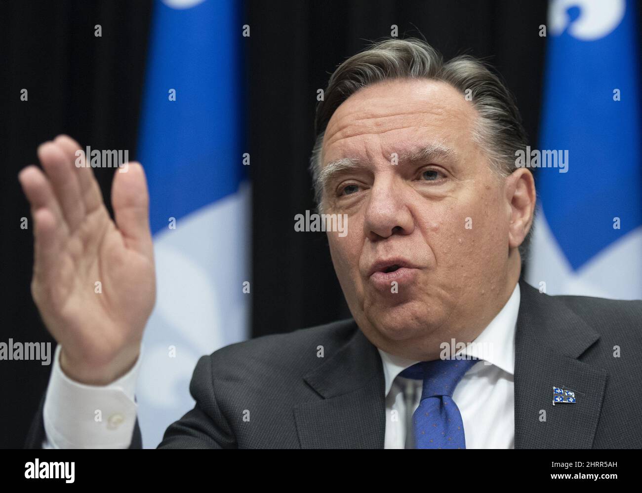 Quebec Premier Francois Legault responds to reporters questions during ...