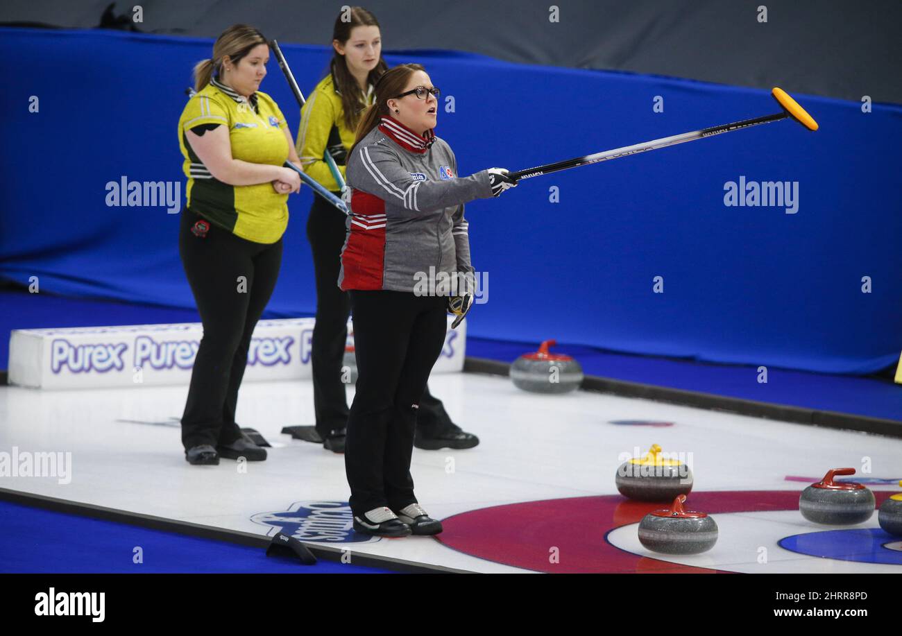 Team Northwest Territories skip Kerry Galusha, right, gestures to her ...
