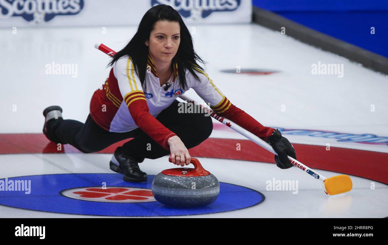 Team Canada skip Kerri Einarson makes a shot at the Scotties Tournament ...