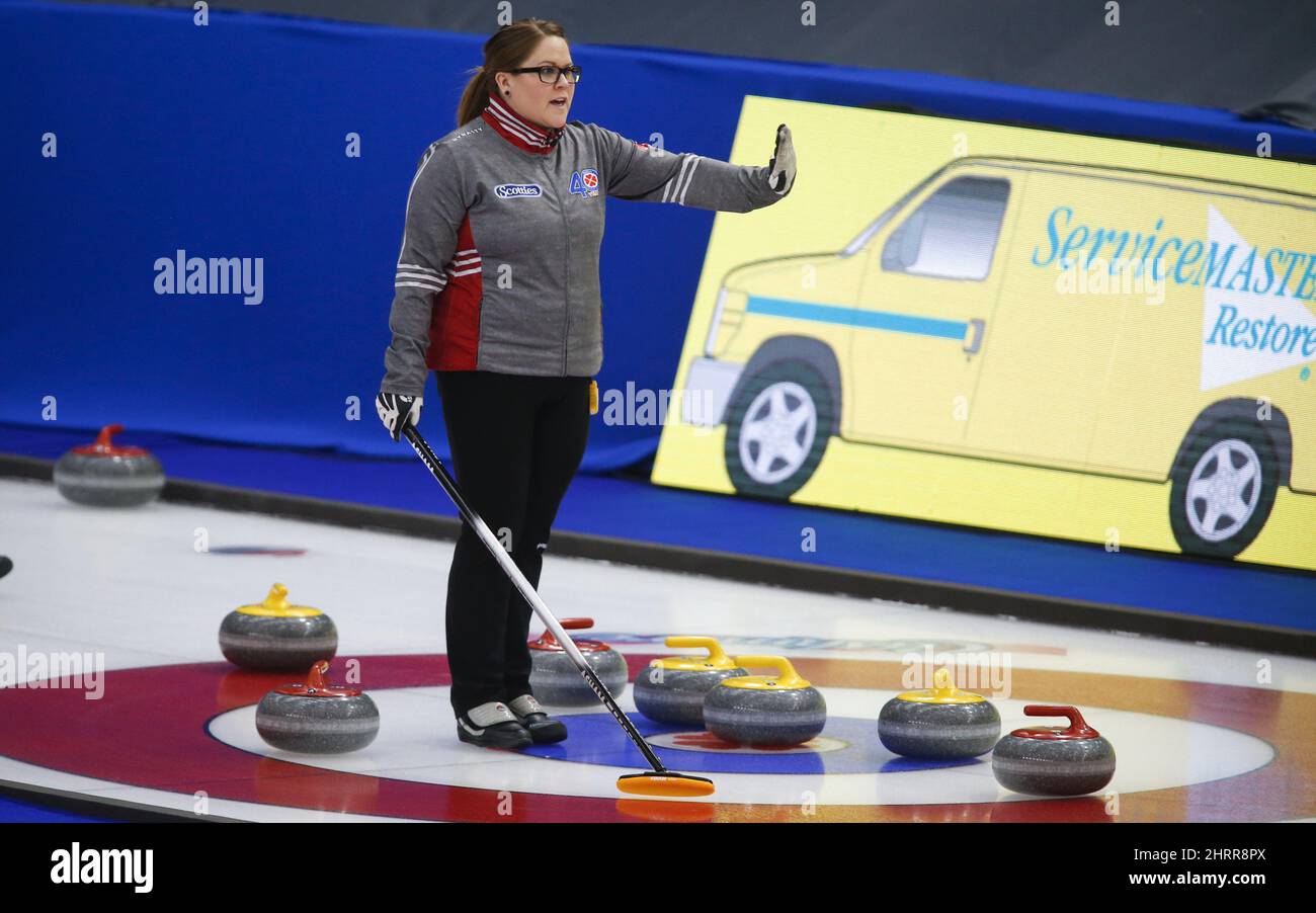 Team Northwest Territories skip Kerry Galusha gestures to her teammates ...