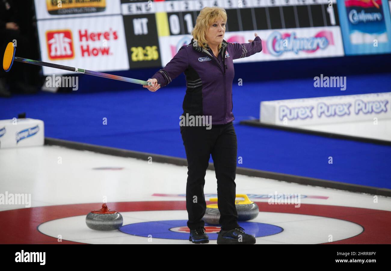 Team Yukon skip Laura Eby gestures to her teammates at the Scotties ...