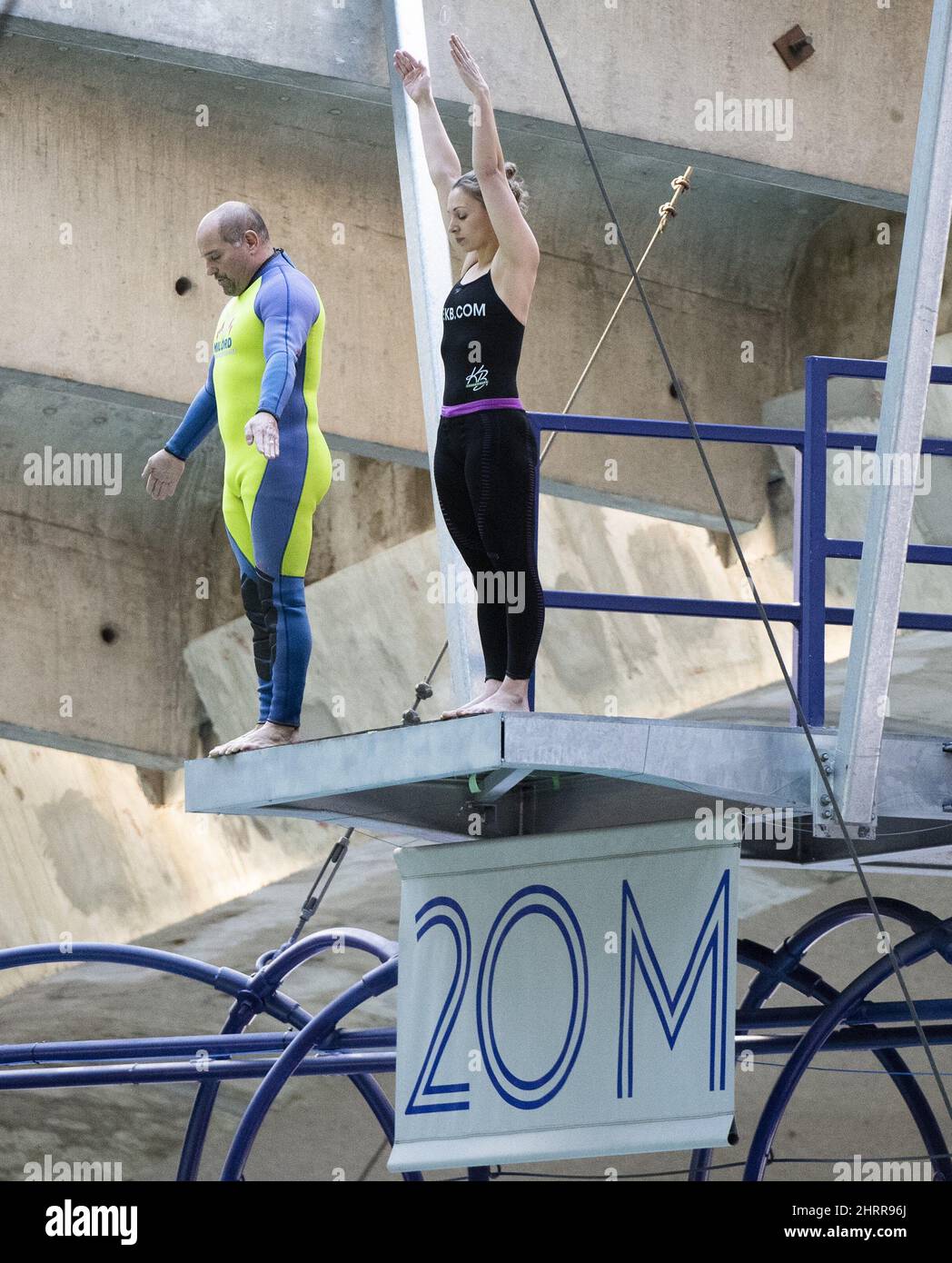 Lysanne Richard and Yves Milord dive from the 20-metre platform at the ...