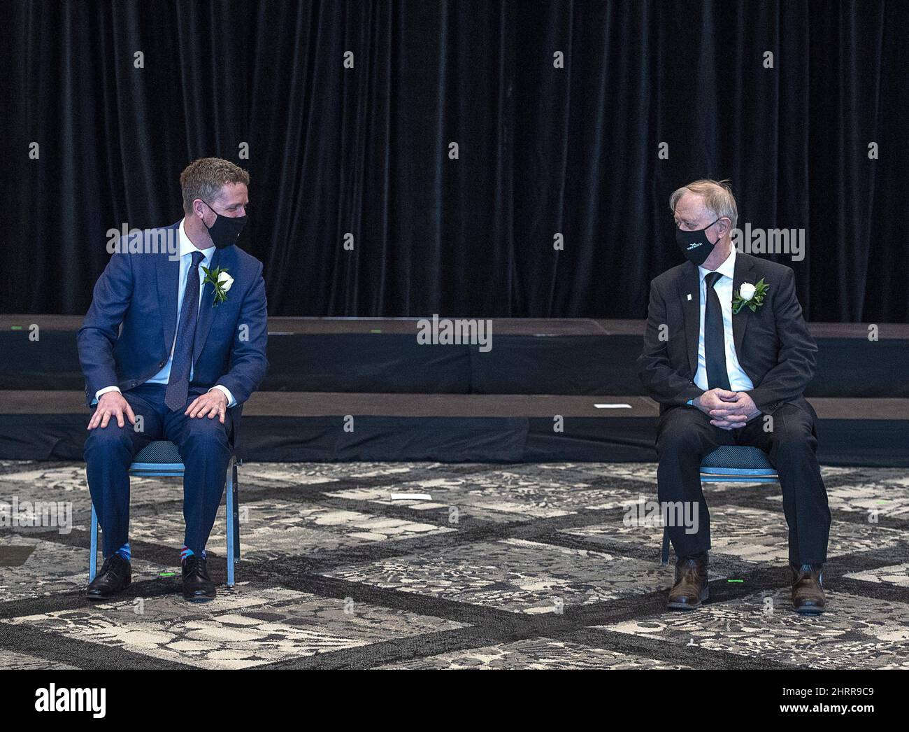 Nova Scotia Premier Iain Rankin, left, chats with Agriculture Minister ...