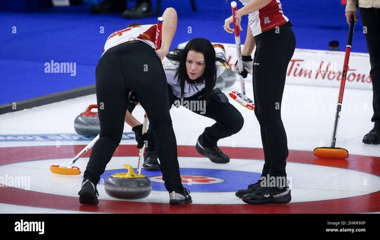 Team Canada skip Kerri Einarson, centre, directs her team against Team ...