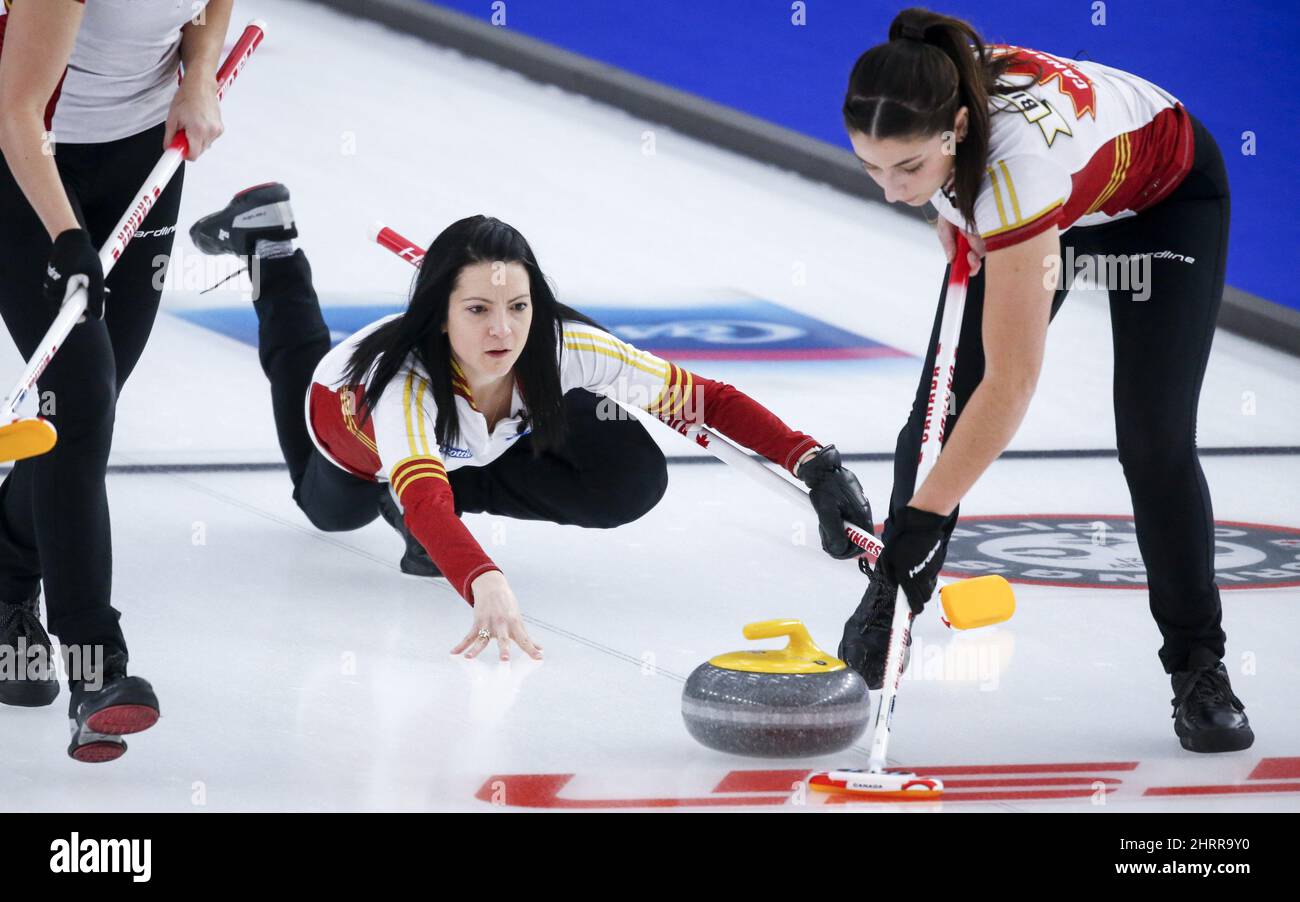 Team Canada skip Kerri Einarson, centre, makes a shot against Team ...
