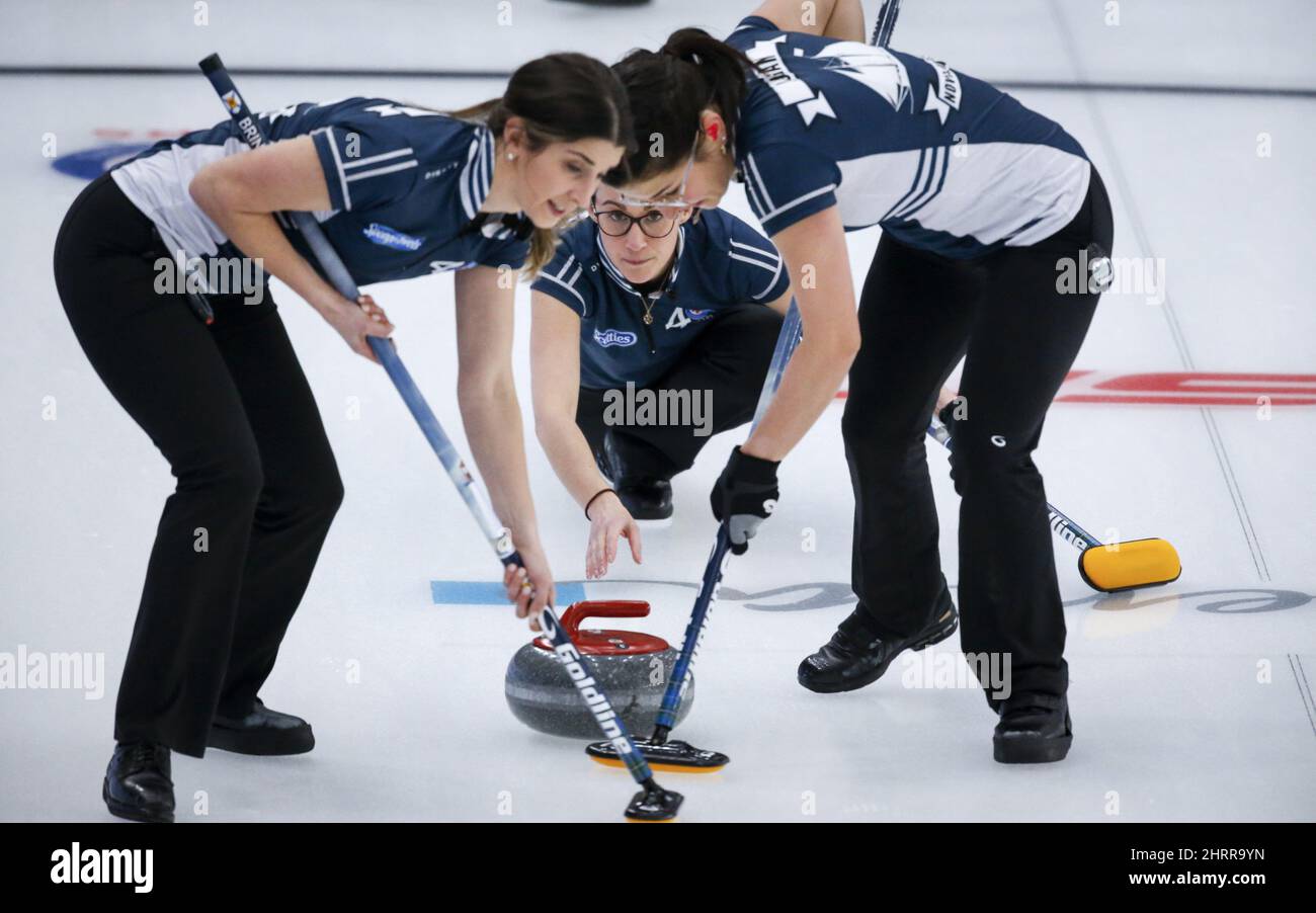 Team Nova Scotia skip Jill Brothers, centre, makes a shot against Team ...