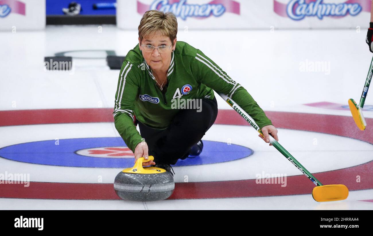 Team Saskatchewan skip Sherry Anderson makes a shot against Team ...