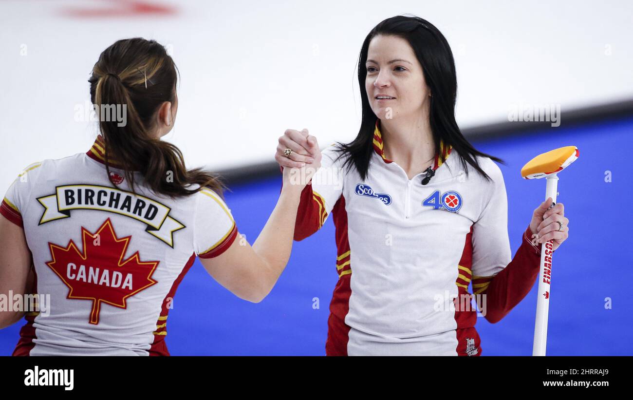 Team Canada skip Kerri Einarson, right, and second Shannon Birchard ...