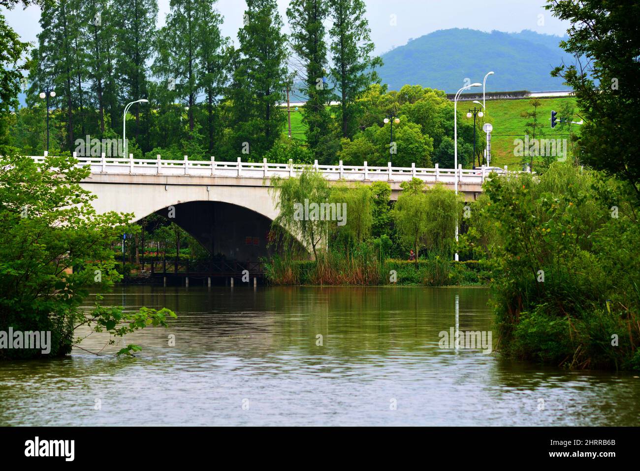 Stone bridge over the river water through the park with dense greenery ...