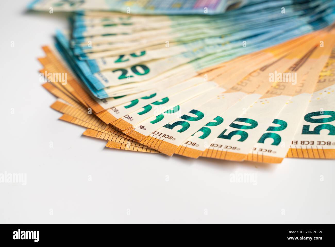 20 and 50 euro money note bill spread on white background business ...