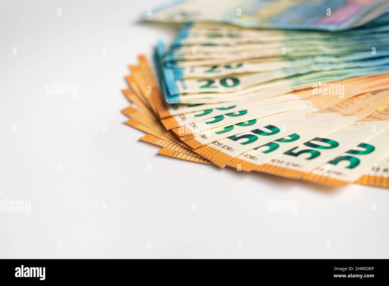 20 and 50 euro money note bill spread on white background business ...
