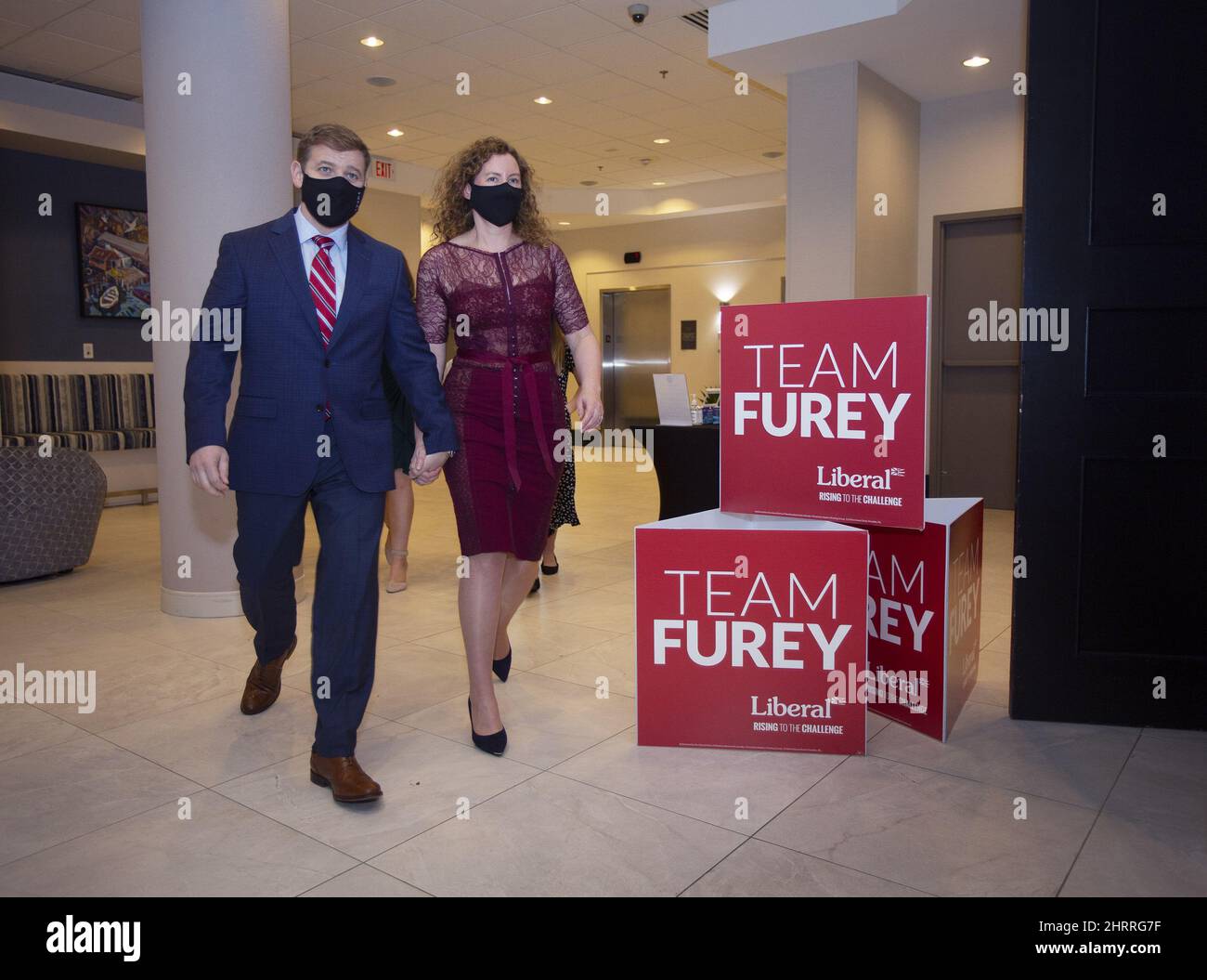 Premier Andrew Furey and his wife, Dr. Allison Furey arrive to speak to ...