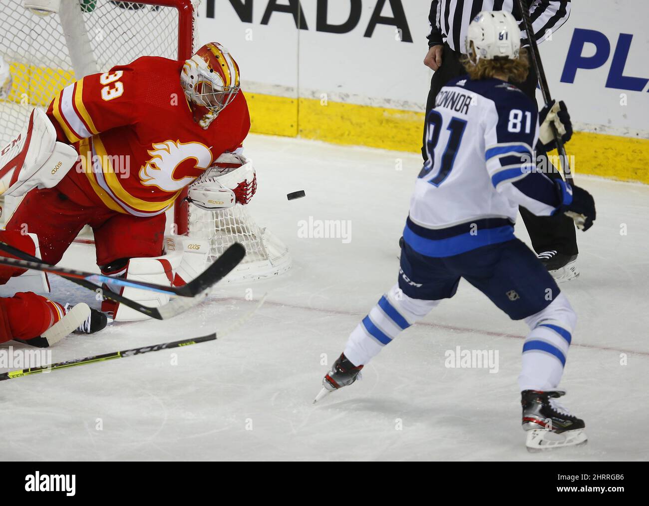Calgary Flames goalie David Rittich makes a save on a shot by Winnipeg ...