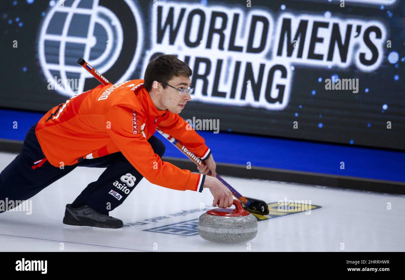 Netherlands skip Jaap van Dorp makes a shot against Team Canada at the ...