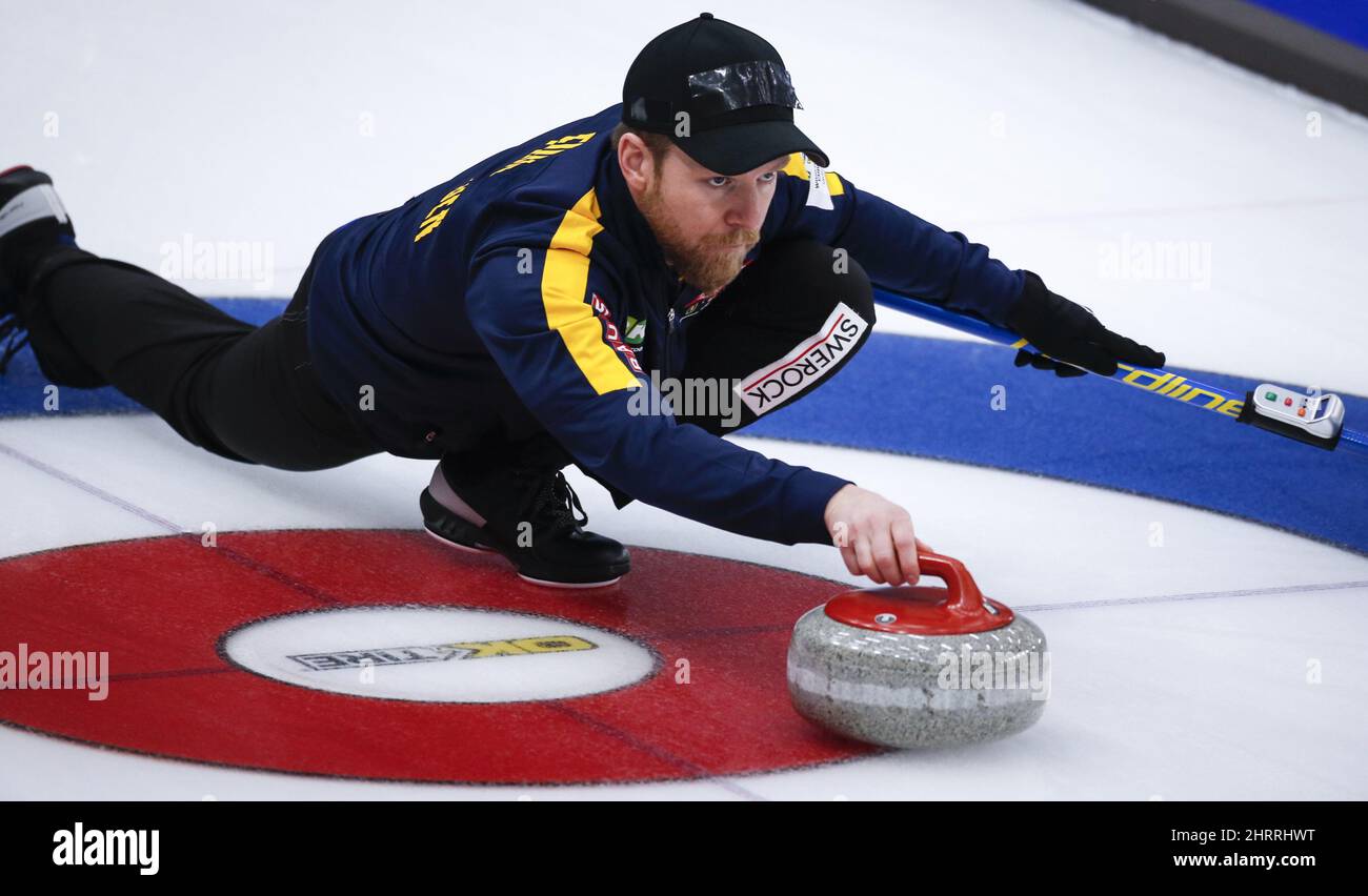 Sweden skip Niklas Edin makes a shot against Norway at the Men's World ...