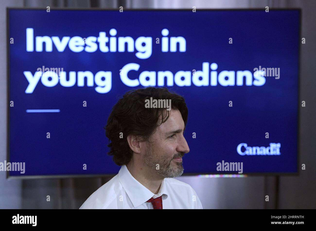 Prime Minister Justin Trudeau listens to a question during a virtual ...