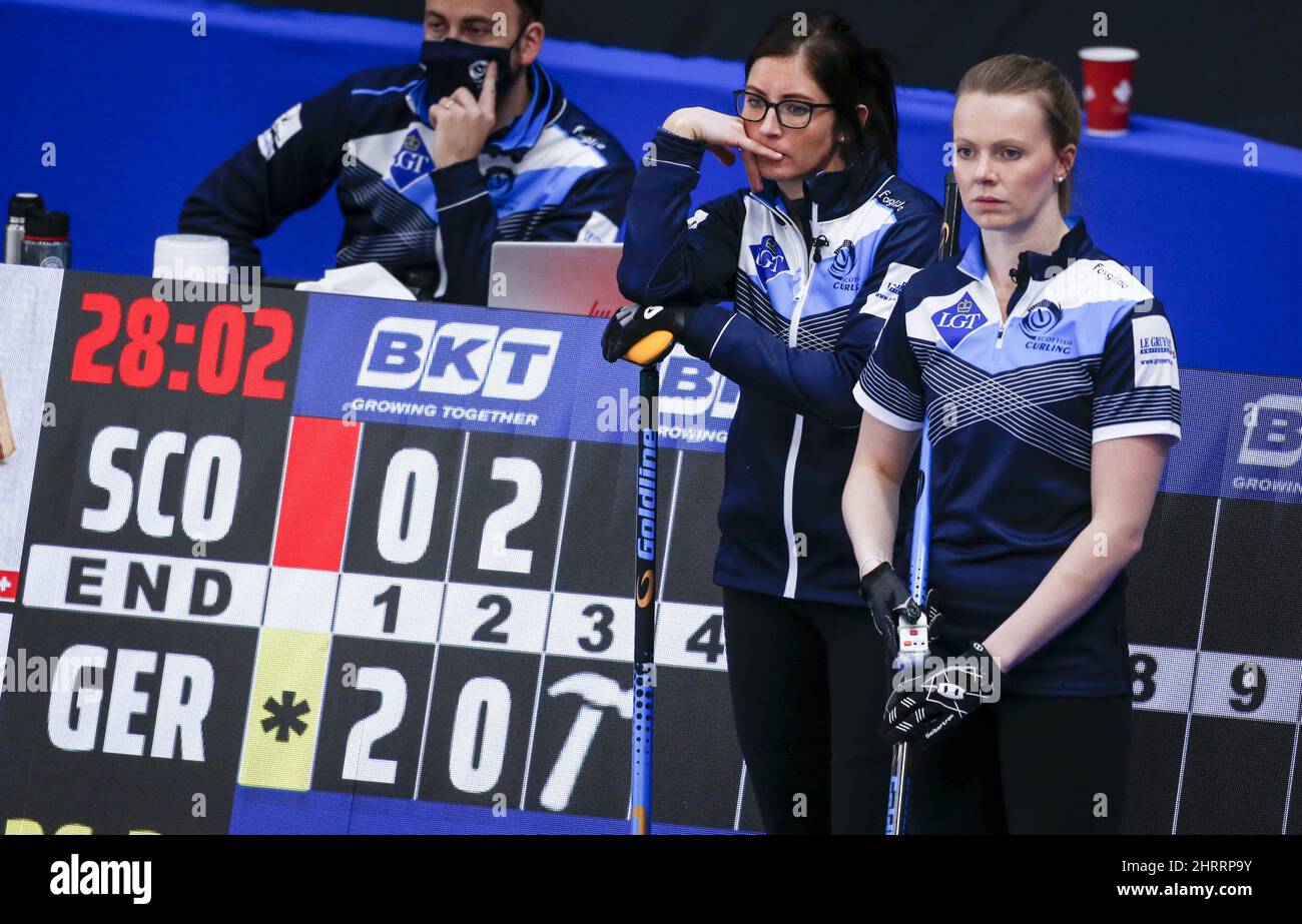 Scotland skip Eve Muirhead, left, and third Victoria Wright discuss ...